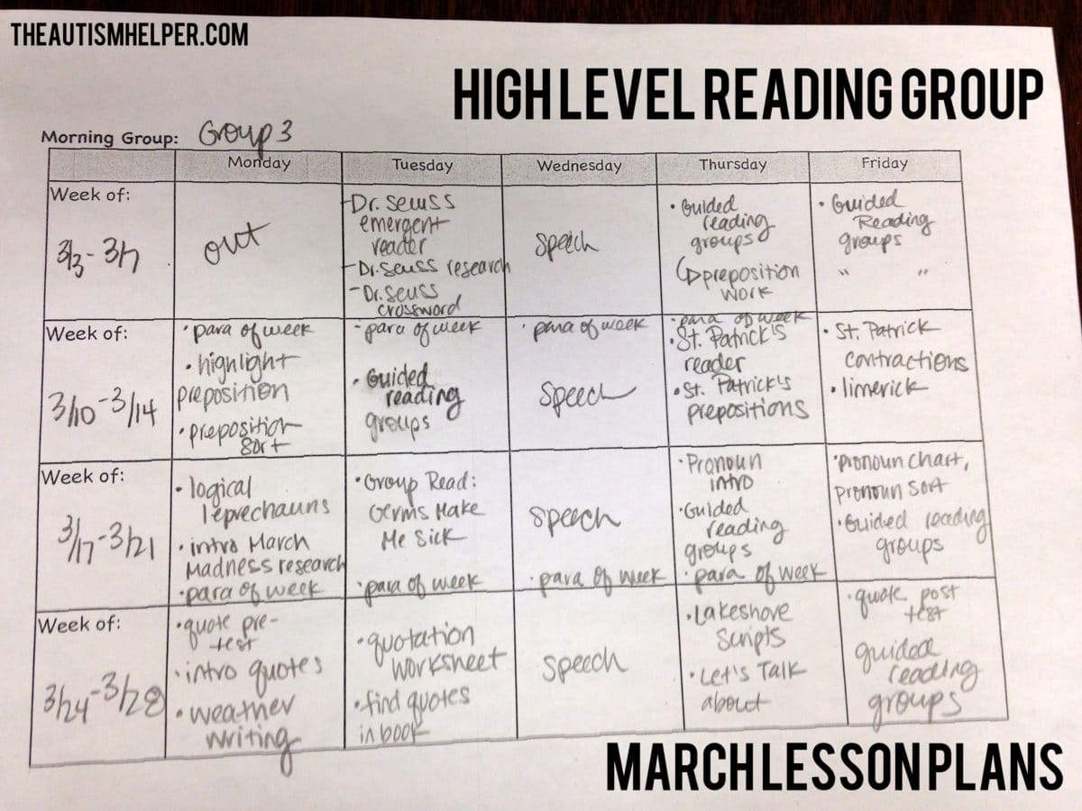 March Reading Group Lesson Plans - The Autism Helper